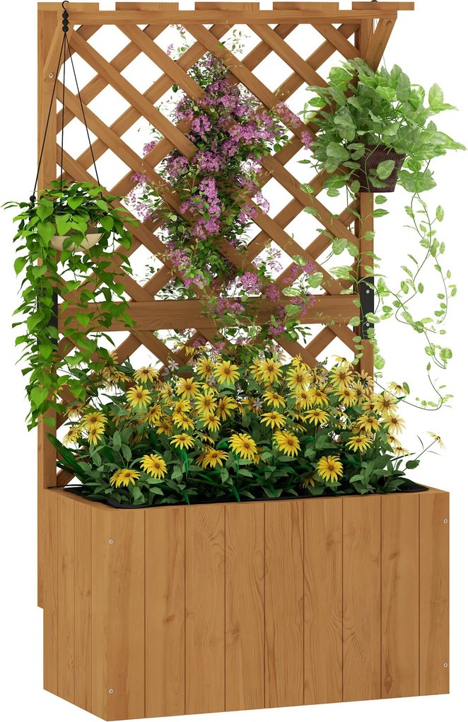 Vyvýšený záhon s treláží Outsunny, dřevěný květináč s treláží, 64 x 33 x 122 cm pro zahradu, balkon a terasu, květináč pro popínavé rostliny a košíkov