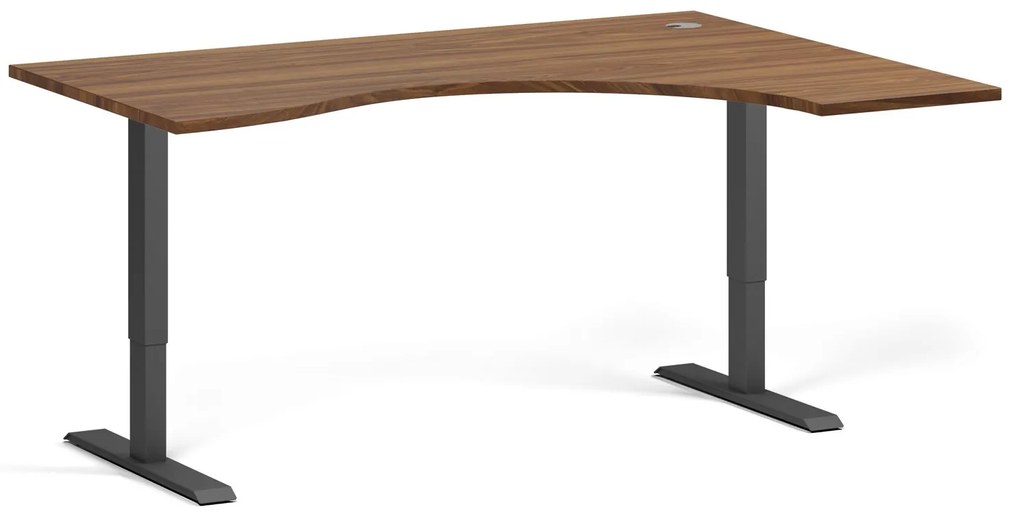 Ergonomický výškově nastavitelný stůl, 160x120 cm, 2 motory, L/P, černá podnož, ořech