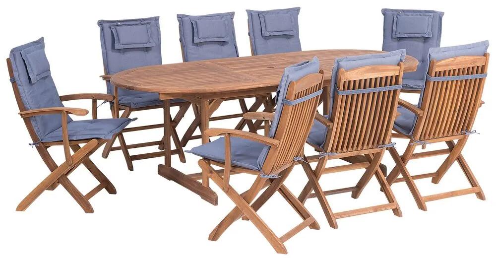 Zahradní stůl a 8 židlí s modrými polštáři MAUI Beliani