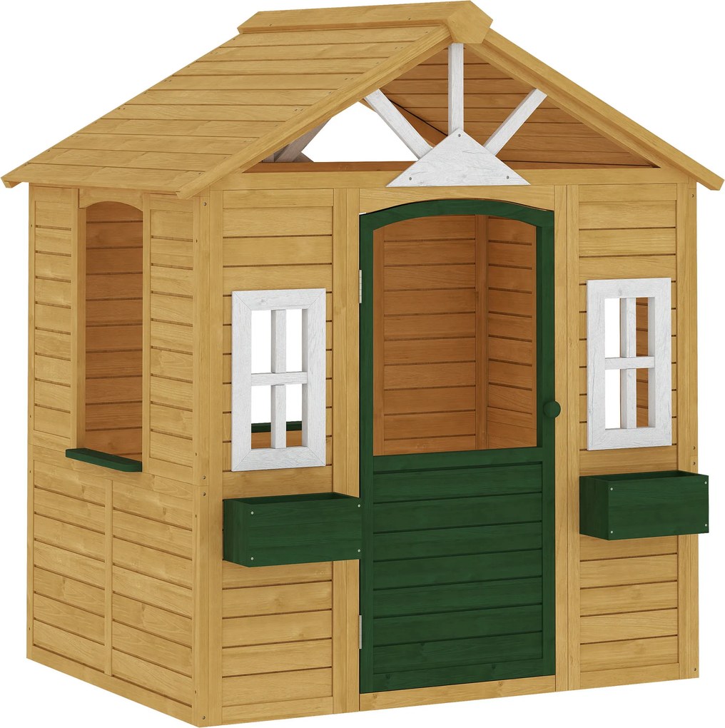 Dětský domek na hraní Dřevěný venkovní domek na hraní s dveřmi 3 okny 2 truhlíky na květiny pro děti od 3 do 8 let 134,5 x 97 x 150 cm Hnědá barva