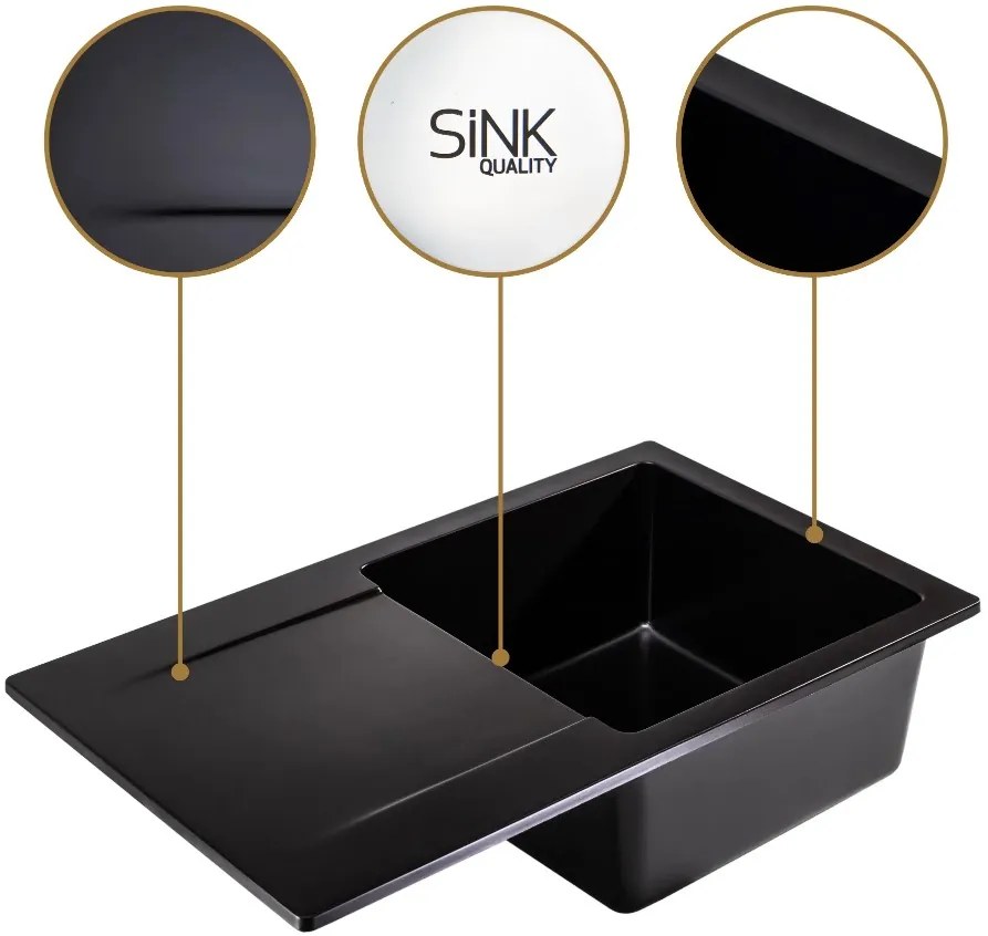 Sink Quality Ferrum, kuchyňský granitový dřez 770x450x190 mm + černý sifon, černá, SKQ-FER.C.1KDO.XB