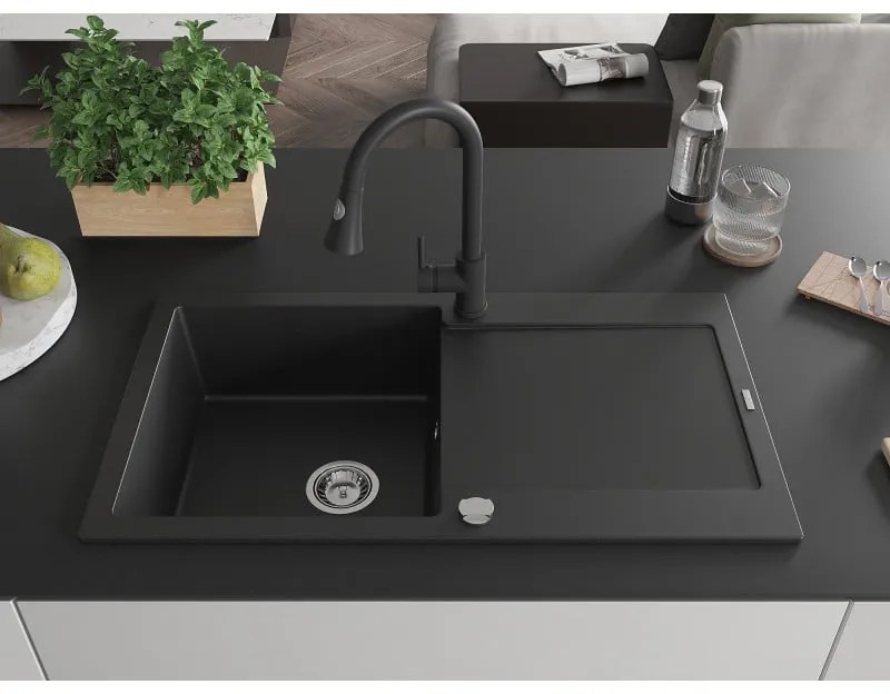 Mexen Leo, 1-komorový granitový dřez 900x500x190 mm a dřezová baterie Elia, černá, 6501-77-670101-70