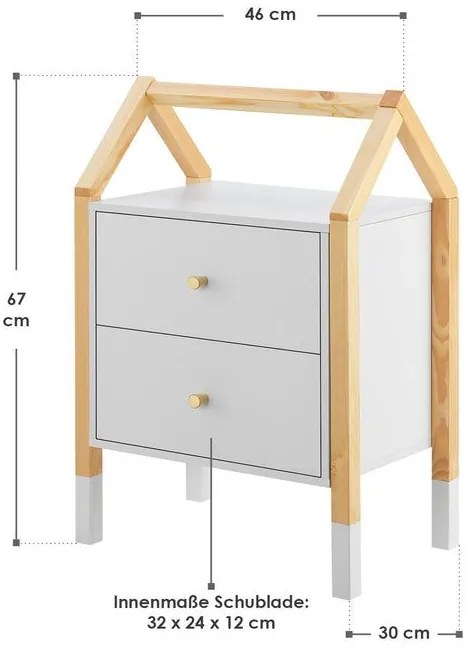 Dětský noční stolek domeček se 2 zásuvkami, bílý
