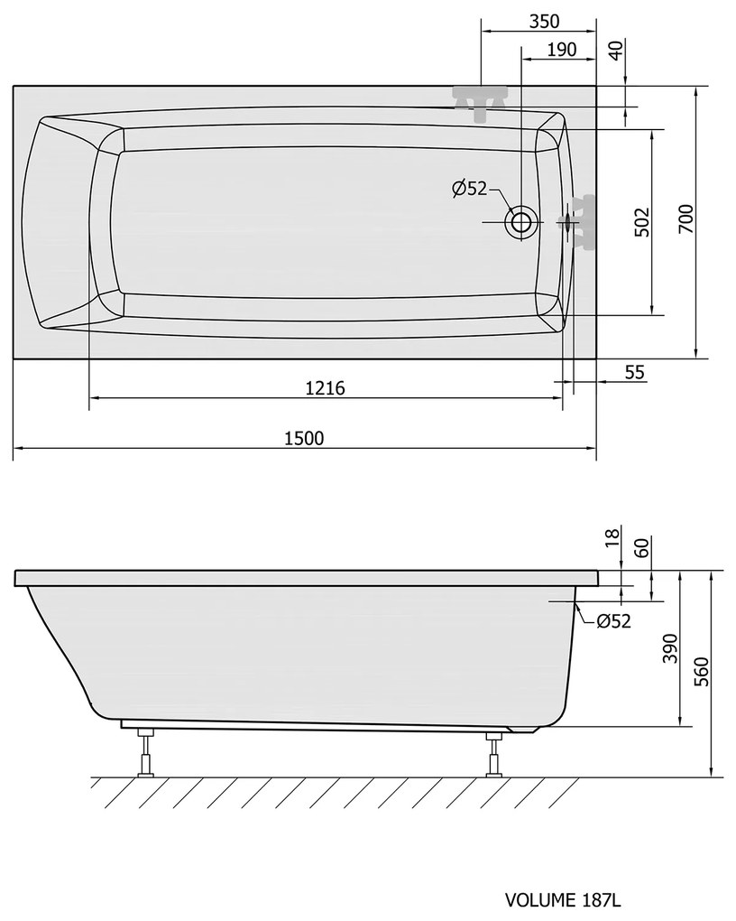 Polysan LILY SLIM obdélníková vana 150x70x39cm, bílá - 72273S