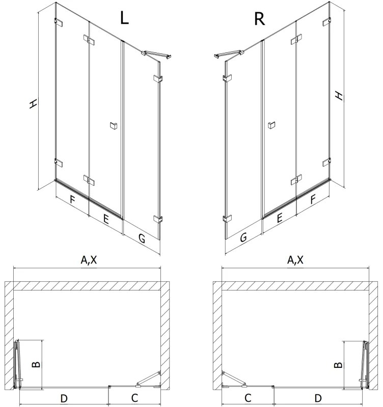 Mexen Lunar-F, skládací levé sprchové dveře 140 cm, 8mm čiré sklo, zlatý matný profil, 836S-140-050-55-00-L