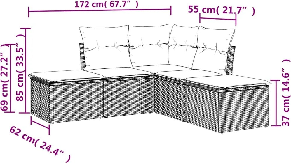5dílná zahradní sedací souprava s poduškami černá polyratan 3249554