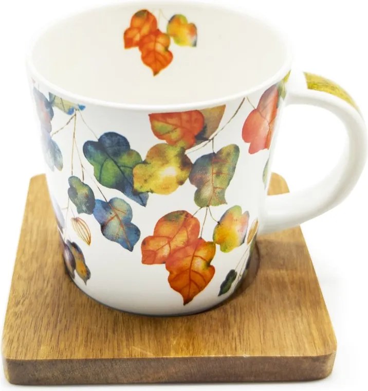 Porcelánový hrnek Bright Fall s akáciovým podšálkem, 350 ml – podzimní akvarelové listy, vnitřní dekor