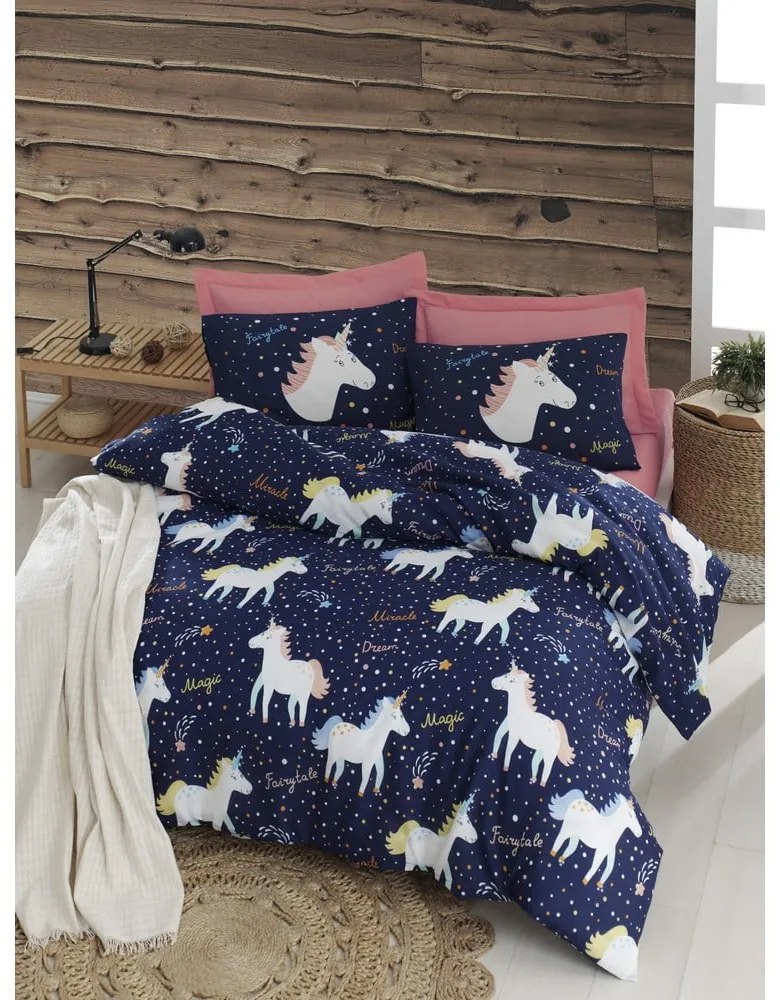 Povlečení s prostěradlem na dvoulůžko Eponj Home Magic Unicorn Dark Blue, 200 x 220 cm