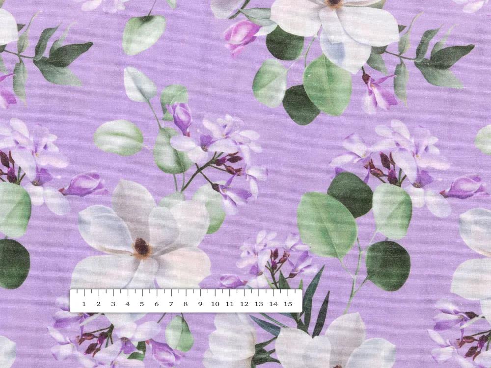 Biante Dekorační běhoun na stůl PML-044 Květy magnolie na fialovém 35x120 cm