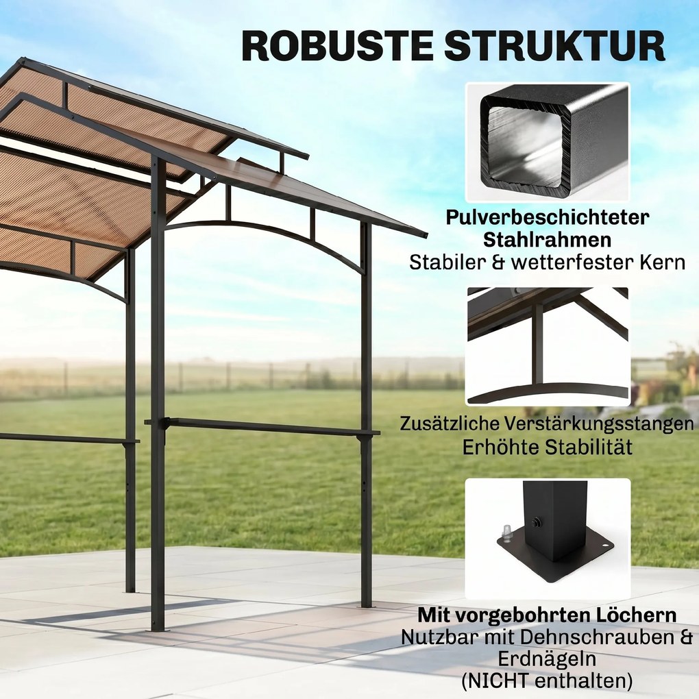 Outsunny Altánek na gril s ohnivzdornou střechou, BBQ altánek se 2 policemi, 2,5 x 1,5 m, ocelový, PC, Černá + Hnědá