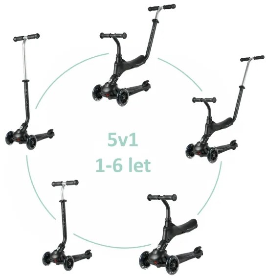 QPlay - Dětská koloběžka s LED kolečky 5v1 SEMA PRO černá