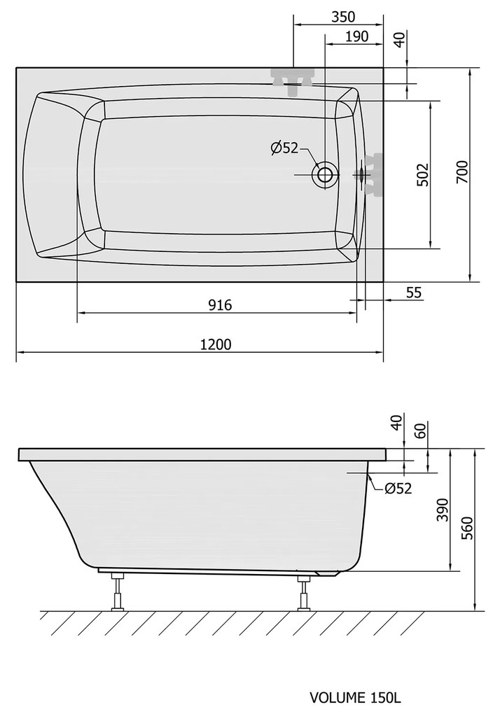 Polysan LILY obdélníková vana 120x70x39 cm, bílá, 25111