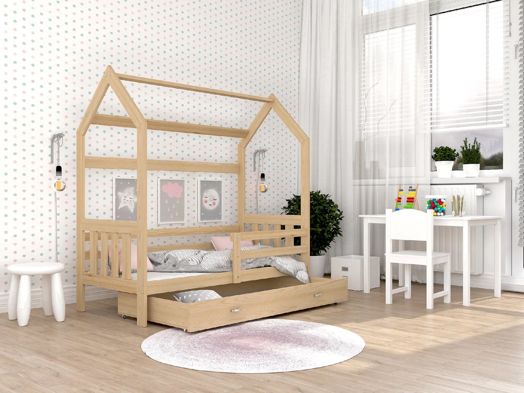 BabyBeds Dětská postel domeček se zábranou a úložným prostorem borovice Velikost postele: 190x80 cm, Barva šuplíku: Zelená