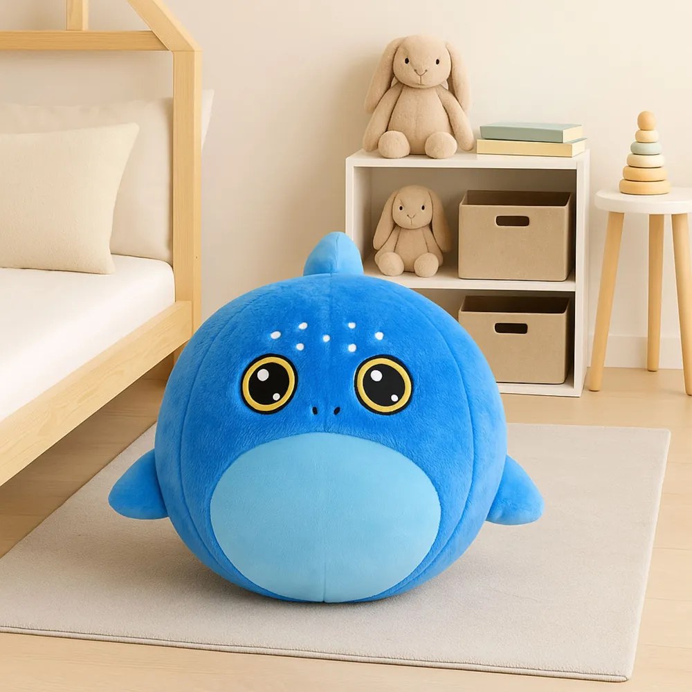 LEAN Toys Rostoucí skákací plyšový míč modrý žralok s pumpičkou 50 cm