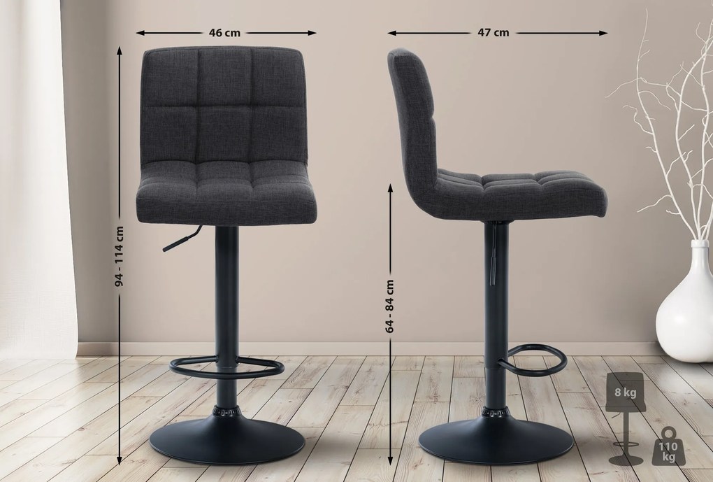 Sada 2 barových židlí Calma látka černá konstrukce – tmavě šedá