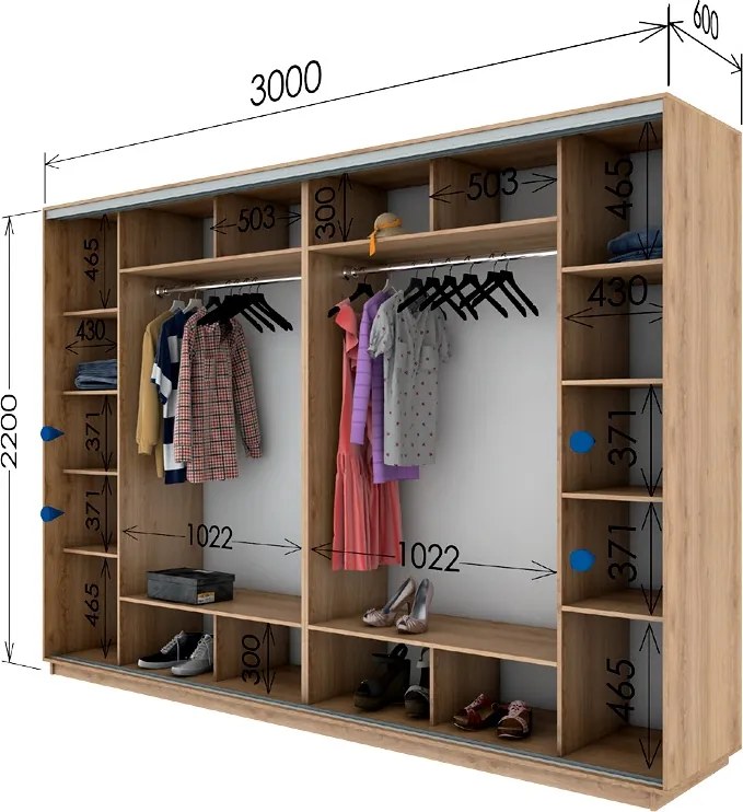 VerDesign GOMMA š300/v220 šatní skříň se zrcadlem, dub Artisan