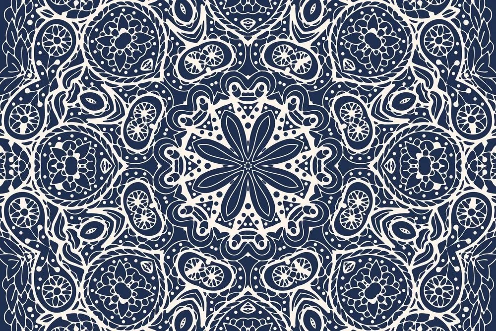 Samolepící tapeta bílá Mandala na modrém pozadí - 225x150 cm