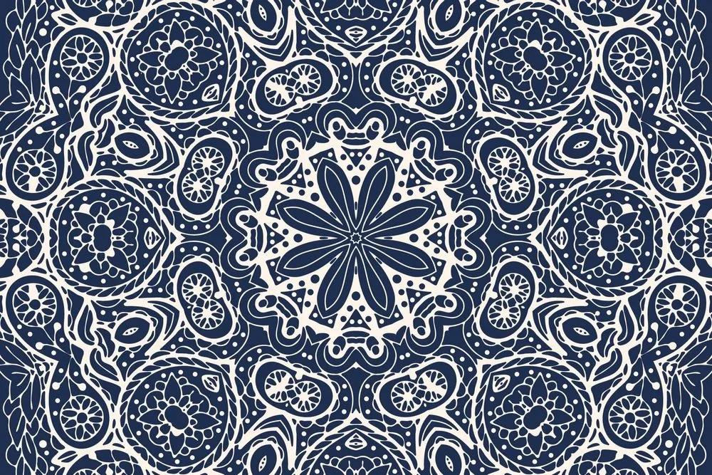 Samolepící tapeta bílá Mandala na modrém pozadí - 300x200 cm
