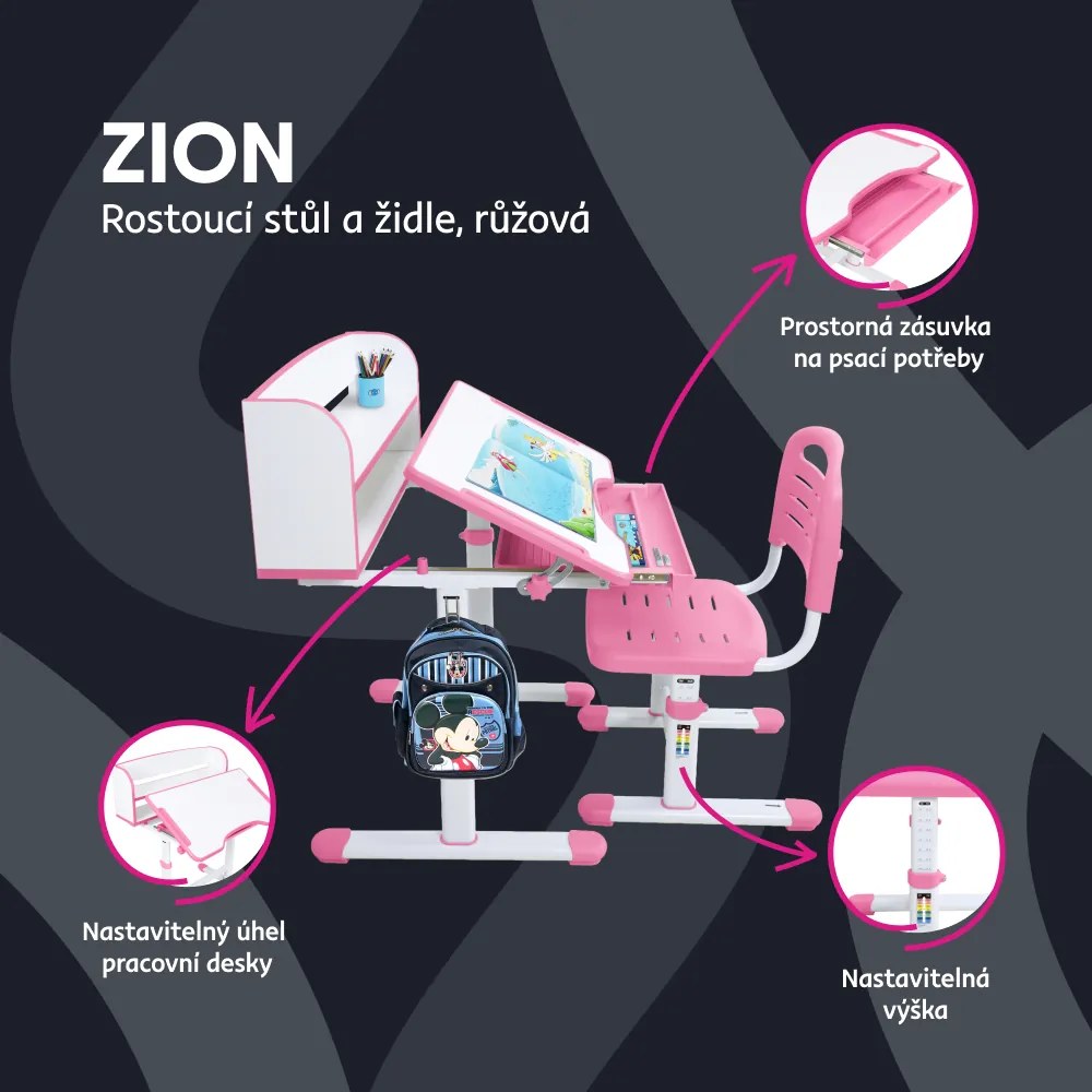 Rostoucí psací stůl a židle, růžová/bílá, set ZION