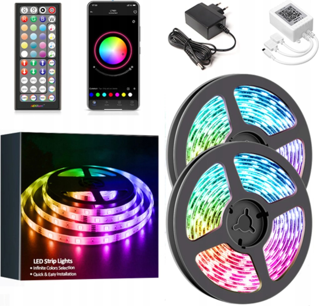 Led pásek RGB5050 Mobilní aplikace Bluetooth Dálkový Ovladač Hudba Napájecí adaptér 12 V 12 m
