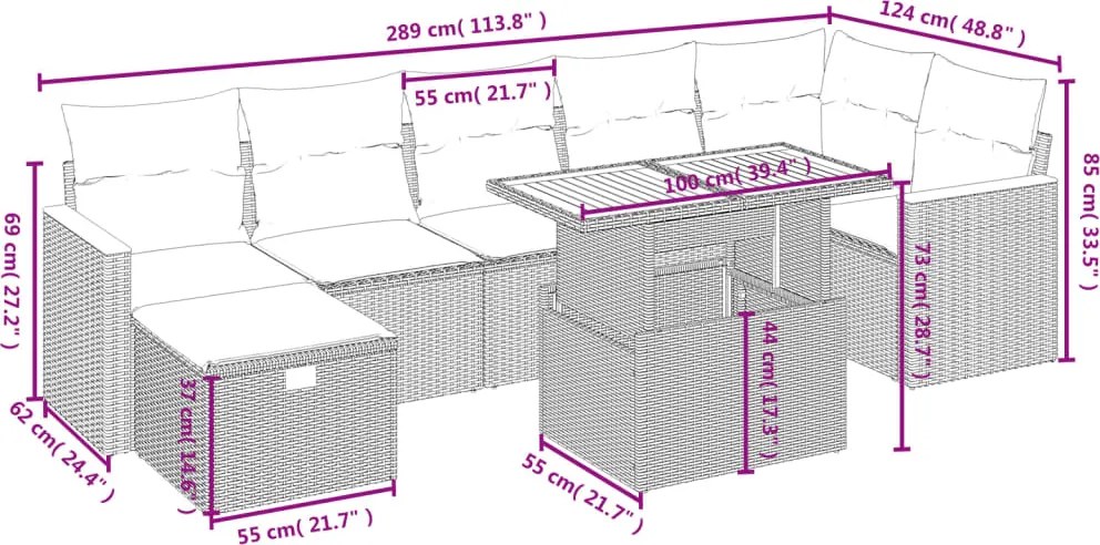 8dílná zahradní sedací souprava s poduškami černá polyratan 3276045