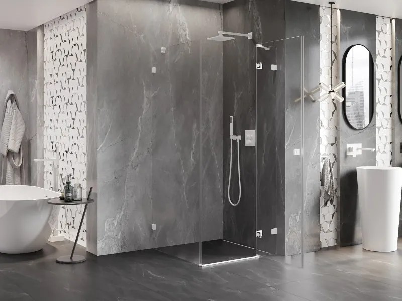 Mexen Lunar, pravostranný výklopný sprchový kout 90 x 90 cm, 8mm čiré sklo, bílý profil, 834-090-090-20-00-P