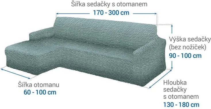 Bielastické potahy CRISTINA mátová sedačka s otomanem vlevo (š. 170 - 300 cm)