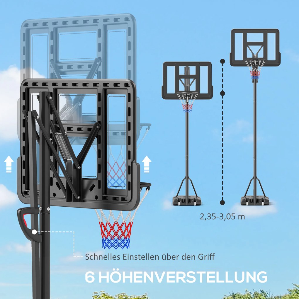 SPORTNOW basketbalový koš venkovní, nastavitelná výška koše 230-305 cm, basketbalový stojan s nerozbitnou zadní stěnou 110 x 75 cm s kolečky, odpruže…
