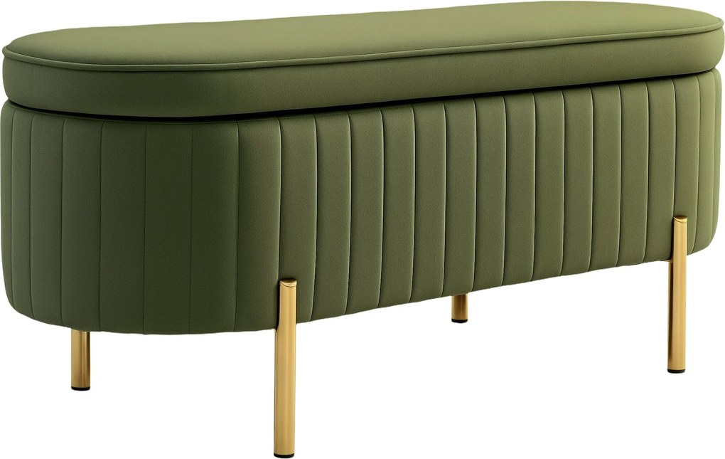 HOMCOM Oválná úložná lavice 72L s výklopným víkem a rýhovaným designem, moderní sametová tkanina a borovicové dřevo, 108x44x43,5 cm, tmavě zelená | Ao
