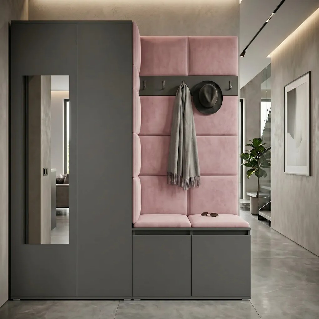 Předsíňová stěna Trinity 8 s čalouněnými panely, 190 cm, grafit/ světle růžová