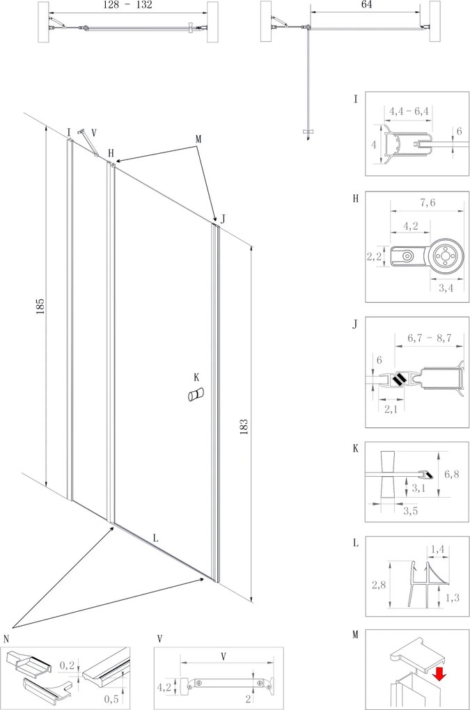 ALFA LINE Black 130 Grape Sprchové dveře jednokřídlé s pevnou stěnou v rovině (80+50)