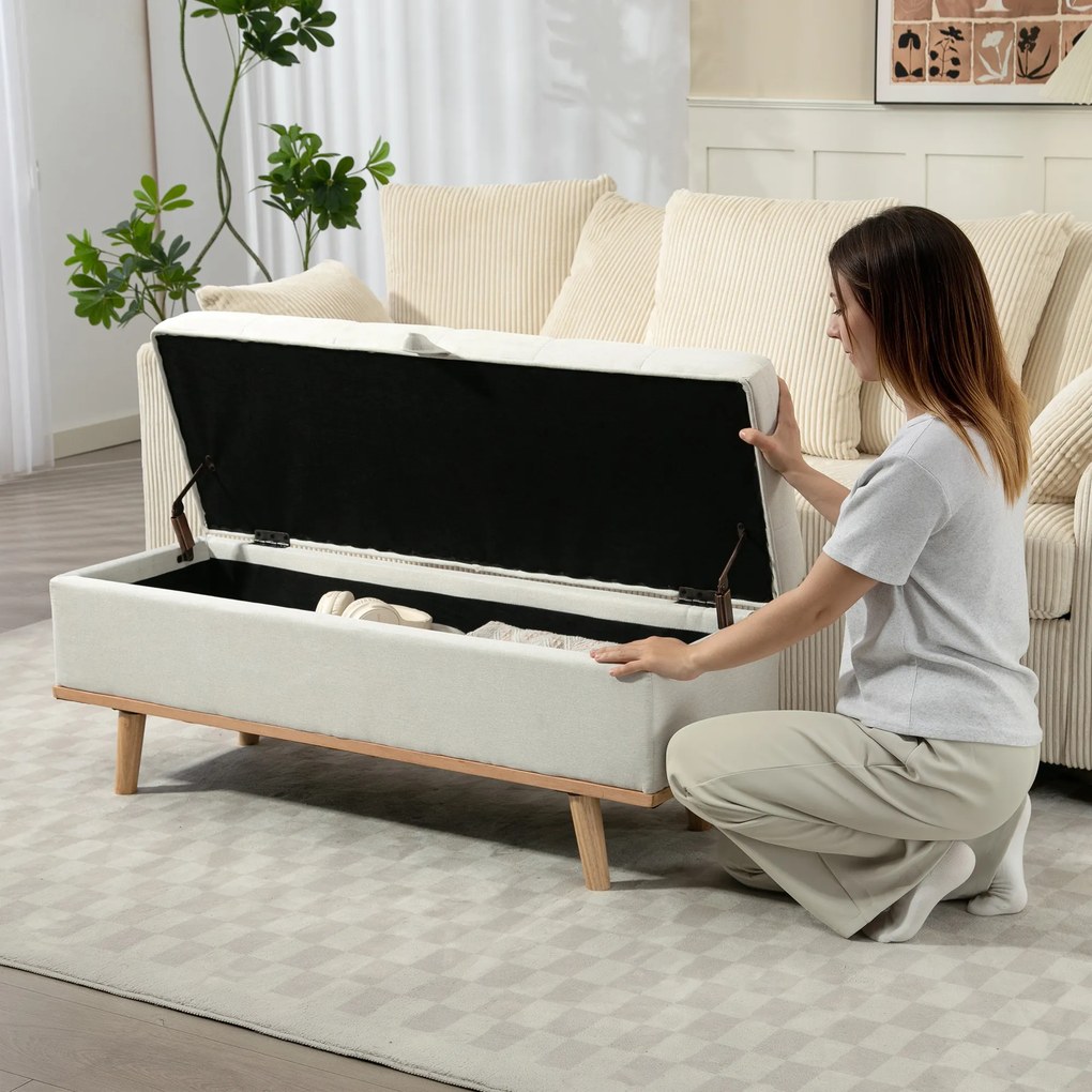 HOMCOM úložná lavice s úložným prostorem 80L, s látkovým potahem a dřevěnými nohami, 118x42x45 cm, krémová