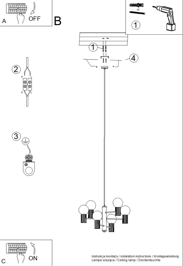 Lustr Halo, 6x bílé skleněné stínítko, br