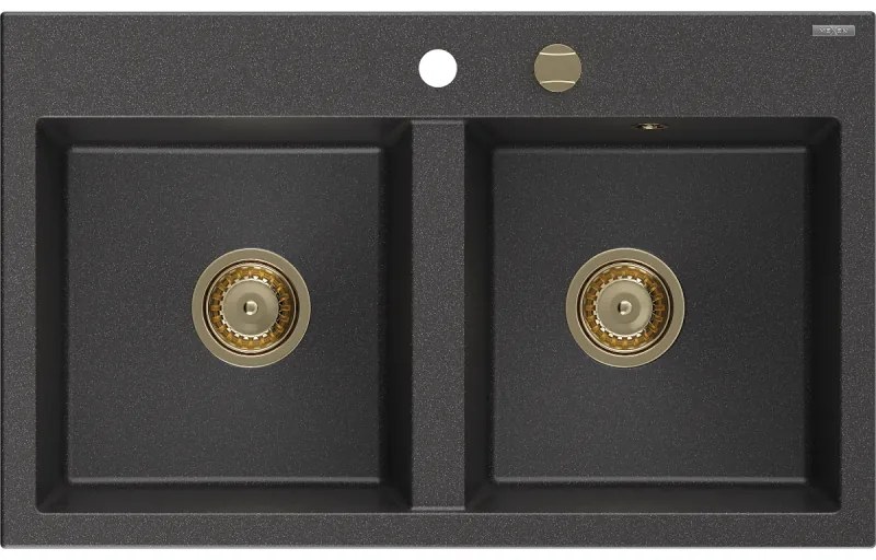 Mexen Hektor, 2-komorový granitový dřez 800x480x205 mm, černá skvrnitá, zlatý sifon, 6521802000-76-G