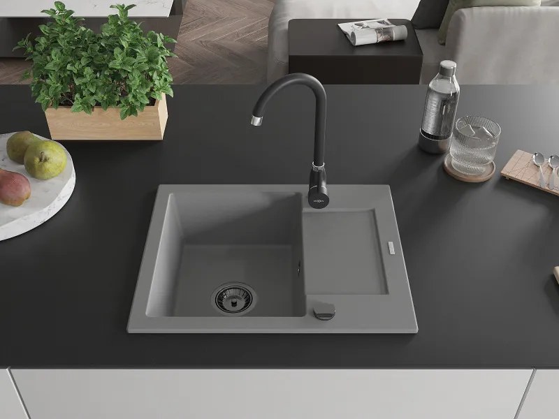 Mexen Enzo, granitový dřez 576x465x174 mm, 1-komorový, šedá s černým sifonem, 6506571005-71-B