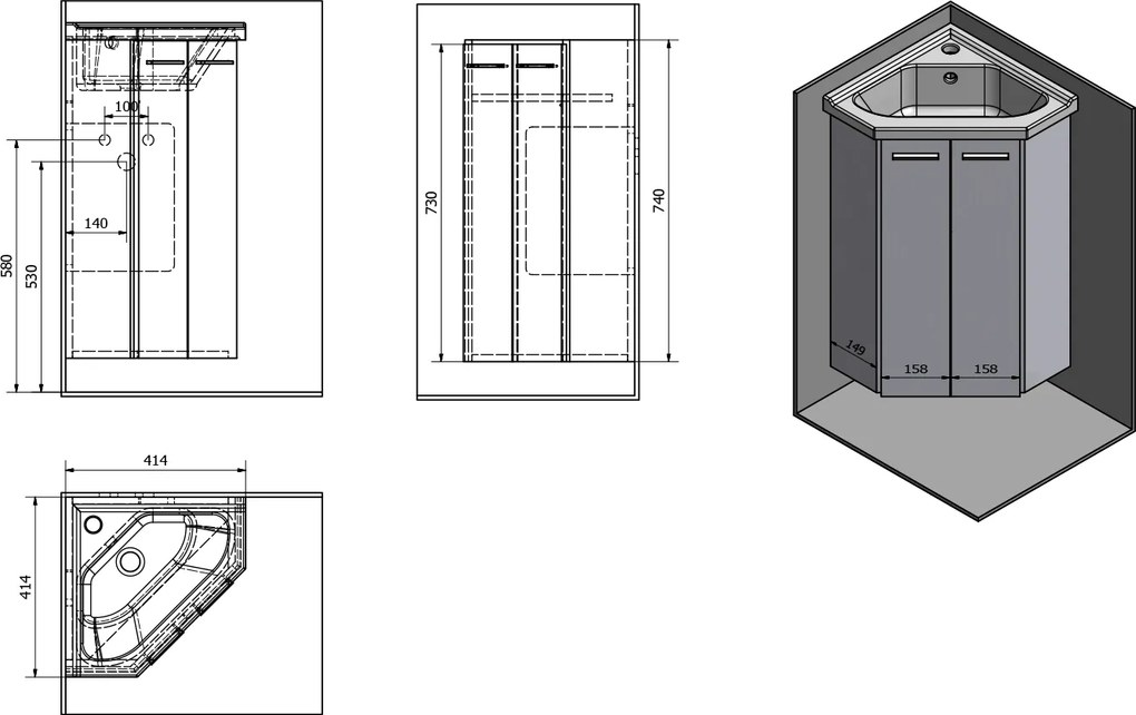 Aqualine ZOJA umyvadlová skříňka rohová 39x74x39  cm dub platin 50344