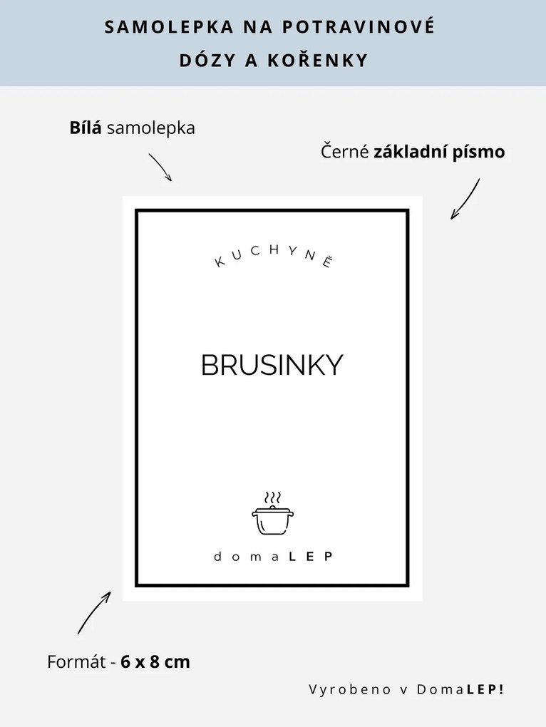 BRUSINKY – bílá samolepka na dózu, základní písmo, 6 x 8 cm | DomaLEP