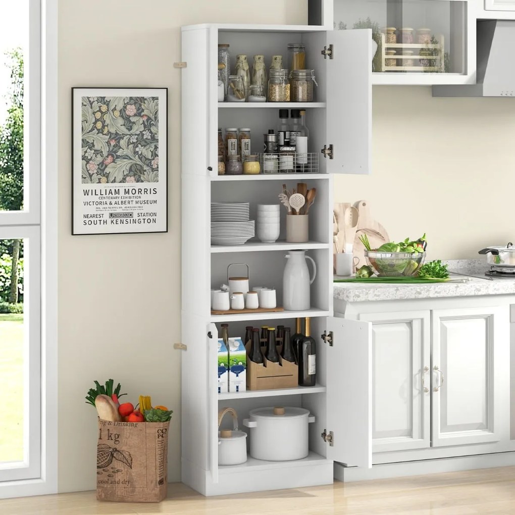 Costway 190 cm vysoká kuchyňská skříňka s dvířky a policemi příborník – bílý