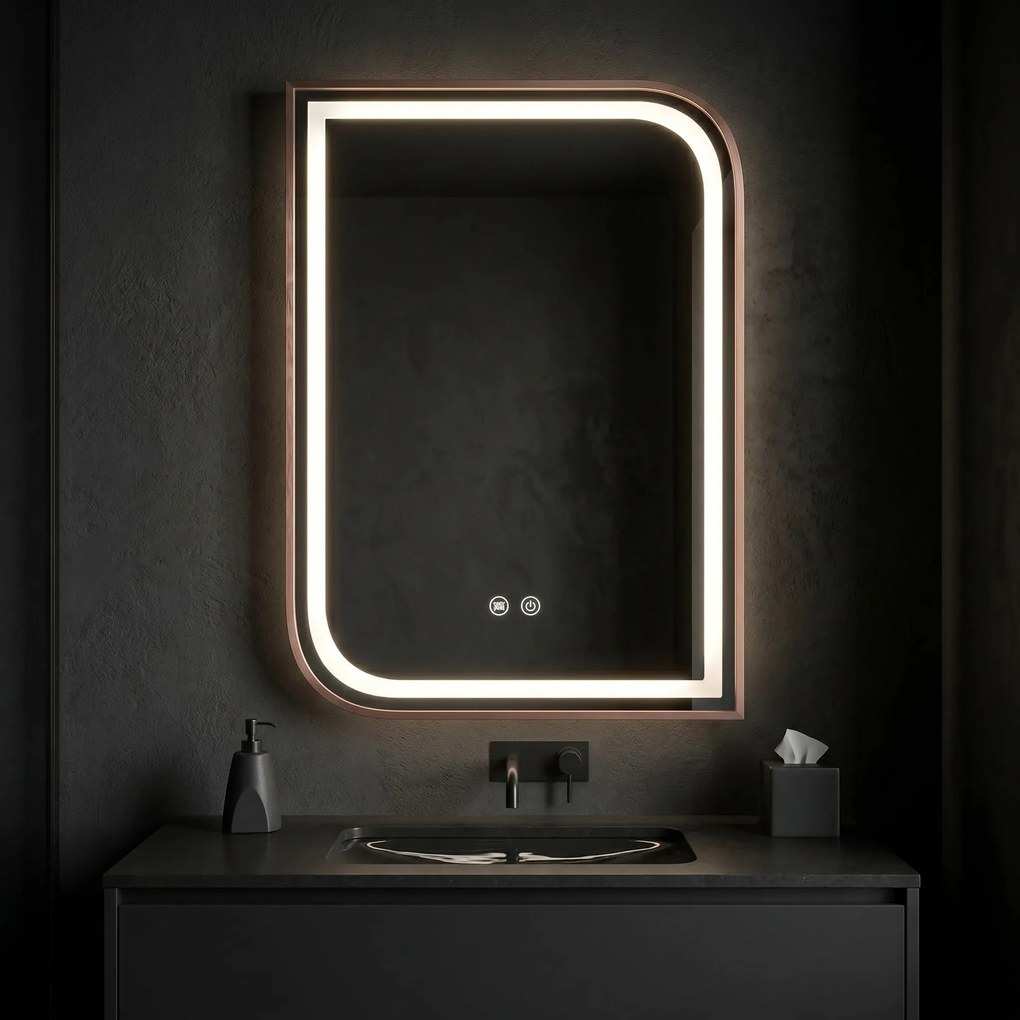 Rea Zrcadlo 80x60 cm s vyhříváním a regulovatelným LED osvětlením HOM-00300 růžová zlatá kartáčovaná
