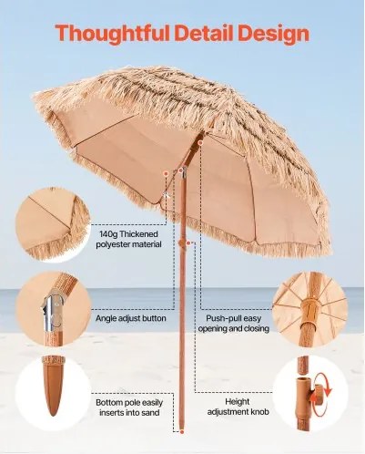 Tiki slunečník, 1,8 m doškový slunečník na terasu s náklonem VEVOR