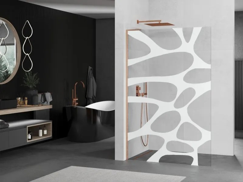 Mexen Kioto L, sprchová zástěna Walk-In 100 x 200 cm, 8mm čiré sklo bílý vzor, měděný matný profil, 800-100-103-65-85