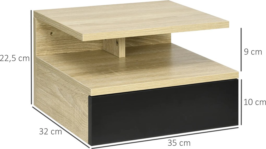 HOMCOM Sada 2 Floating Nočních Stolků Závěsných Nočních Stolků s 1 Šuplíkem a Otevřenou Policí do Ložnice 35x32x22,5 cm Dub a Černá