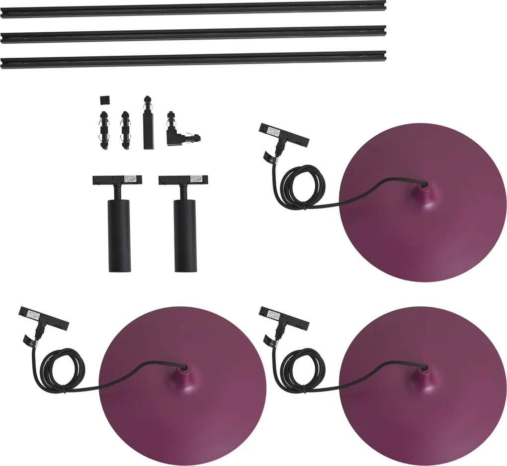 Moderní kolejnicový systém černý se 2 bodovými světly a 3 závěsnými svítidly fialový 1-fázový - Slimline Uzzy Panzi