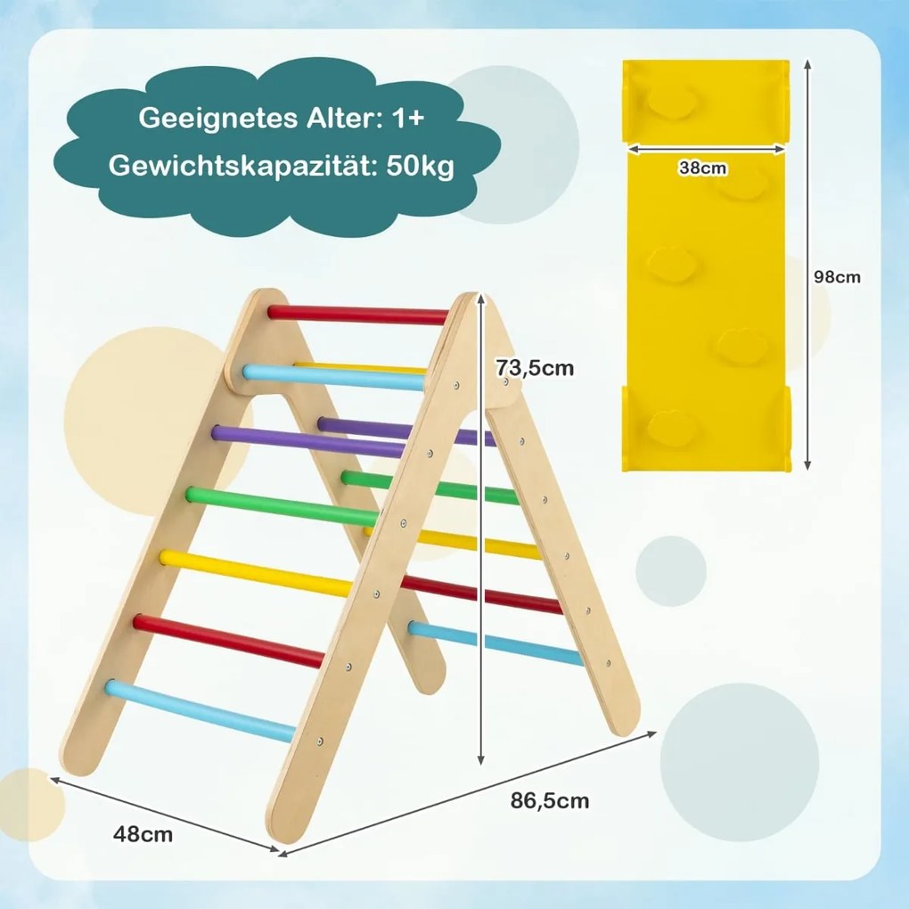 Costway Climbing Triangle Trojúhelníková dřevěná prolézačka s rampou Barevné