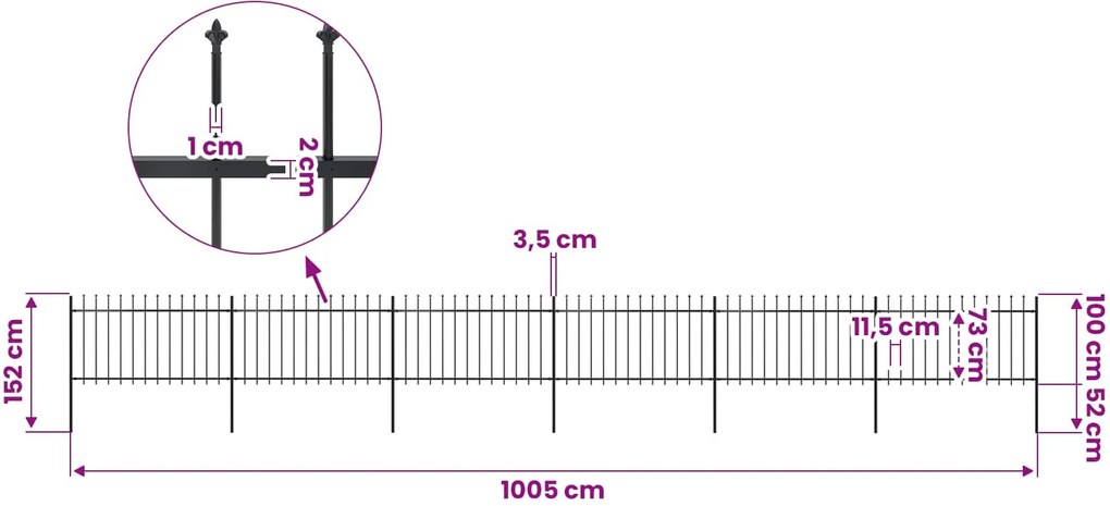 Zahradní plot s kopím nahoře ocelový 1005 x 100 cm černý 277616