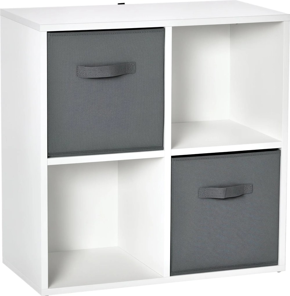 HOMCOM 4-kubová knihovna modulární police se 2 odnímatelnými zásuvkami z netkaného textilu do kanceláře, studovny a ložnice 61,5x30x61,5 cm Bílá a Šed