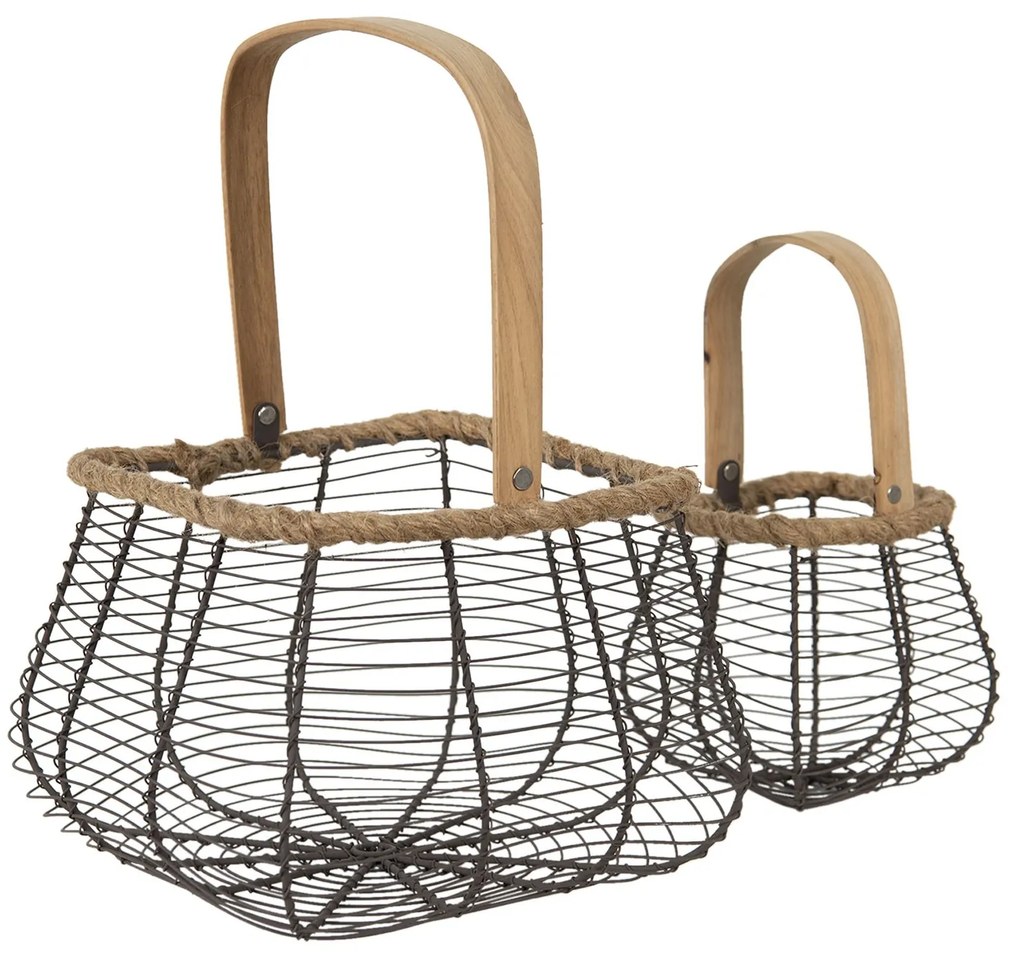 2ks drátěných košíků s dřevěným uchem - 23*16*16 / 13*10*12 cm