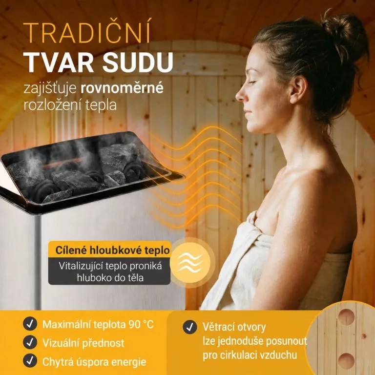 Zahradní sudová sauna pro 4 osoby s kamny 6 kW