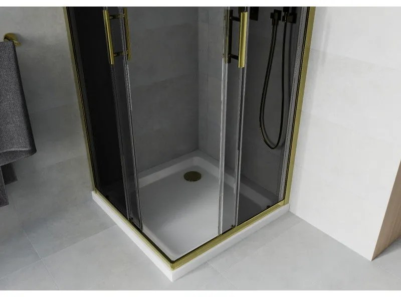 Mexen Rio, čtvercový sprchový kout s posuvnými dveřmi 70 (dveře) x 70 (dveře) x 190 cm, 5mm šedé sklo, zlatý profil + bílá sprchová vanička SLIM, 860-070-070-50-40-4010G