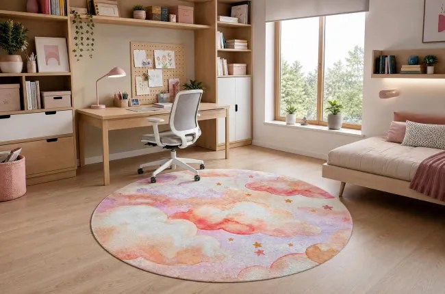 Dětský koberec protiskluzový BAMBINO 61510 krémový / růžový kruh